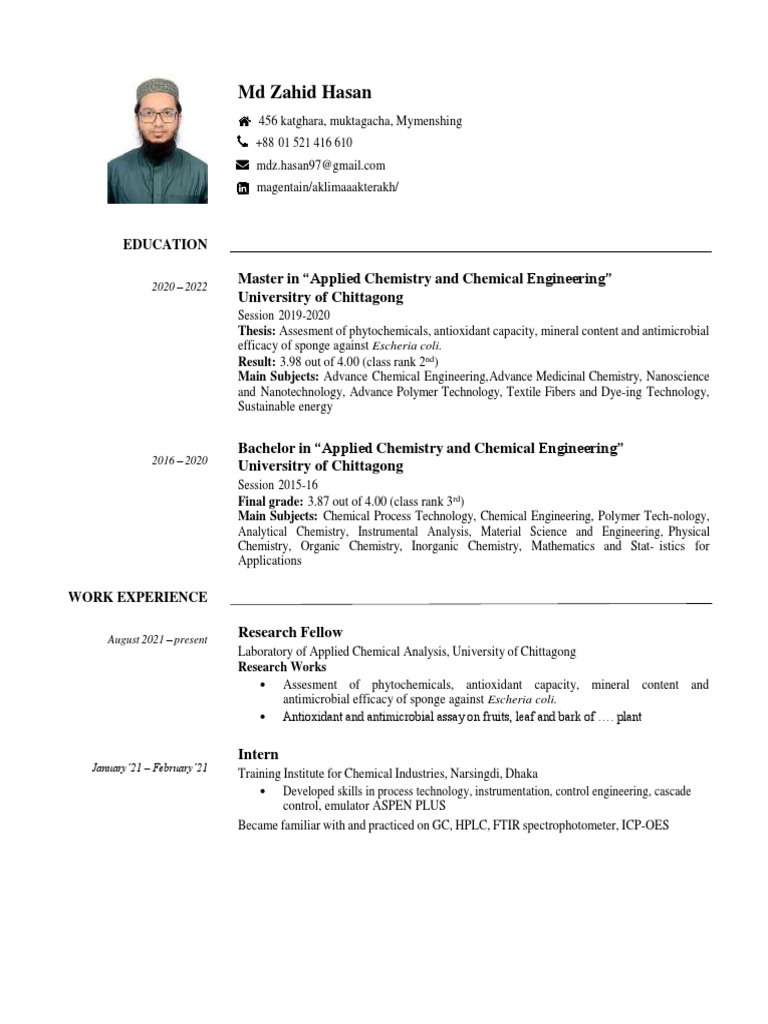 Zahid CV2 | PDF | Chemical Engineering | Engineering