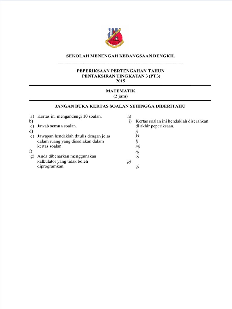 Dokumen - Tips Peperiksaan Pertengahan Tahun Matematik Tingkatan 3 | PDF