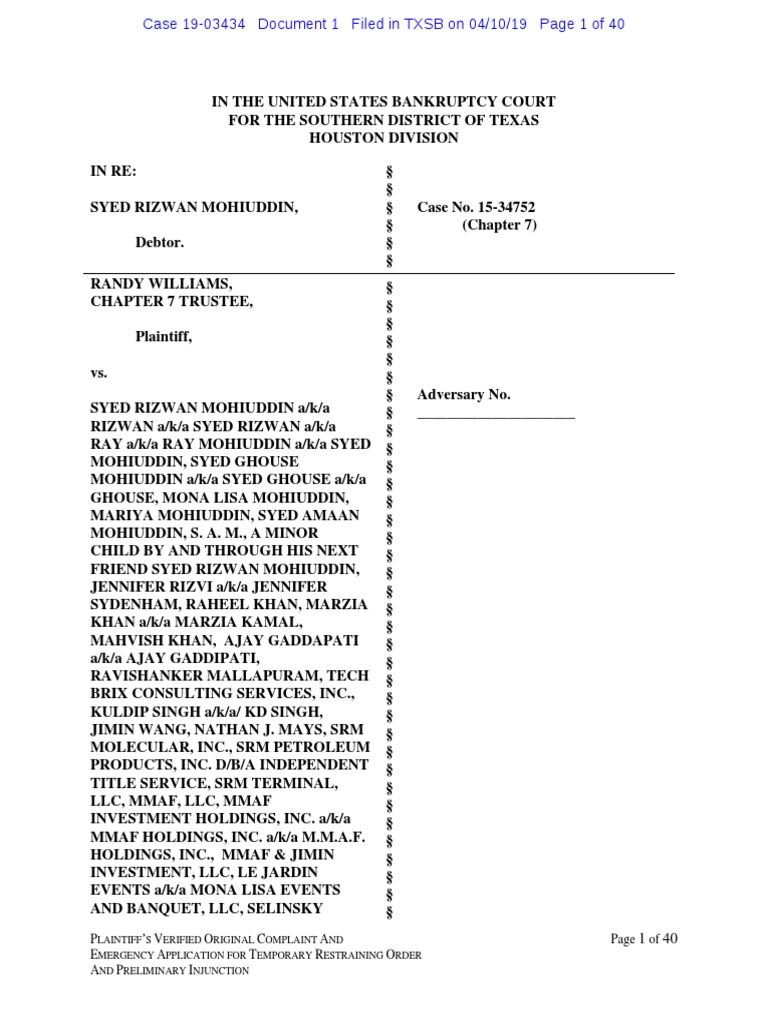 Complaint for Temporary Restraining Order | PDF | Bankruptcy | Chapter 11