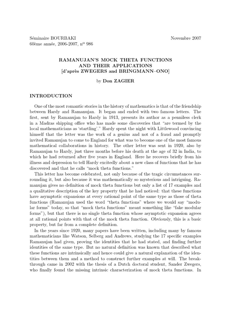 Ramanujans Mock Theta Functions Pdf Number Theory Mathematics