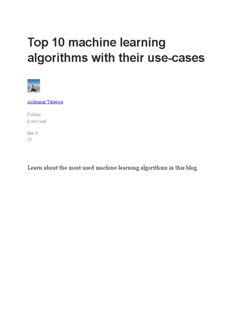 Top 10 Machine Learning Algorithms With Their Use Pdf Statistical Classification Machine
