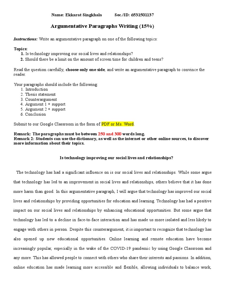 Writing Argumentative Paragraphs | PDF | Educational Technology | Human ...