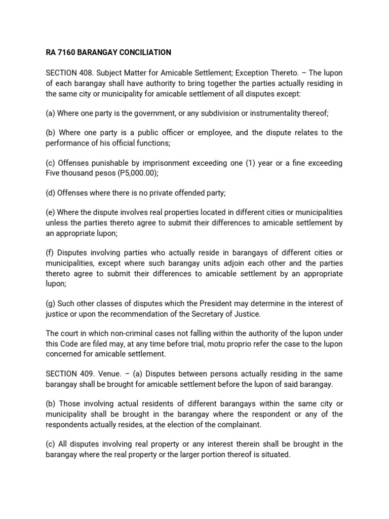 Ra 7160 Barangay Conciliation PDF Mediation Habeas Corpus