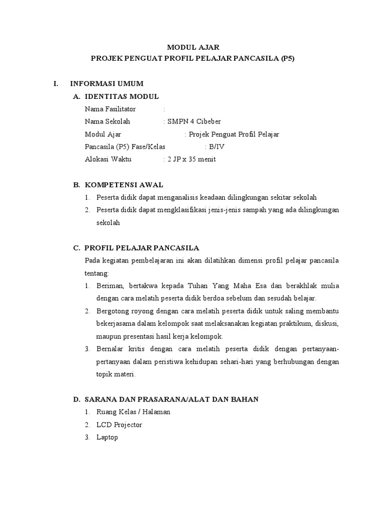 Modul Ajar Projek Penguat Profil Pelajar Pancasila (P5) I. Informasi ...