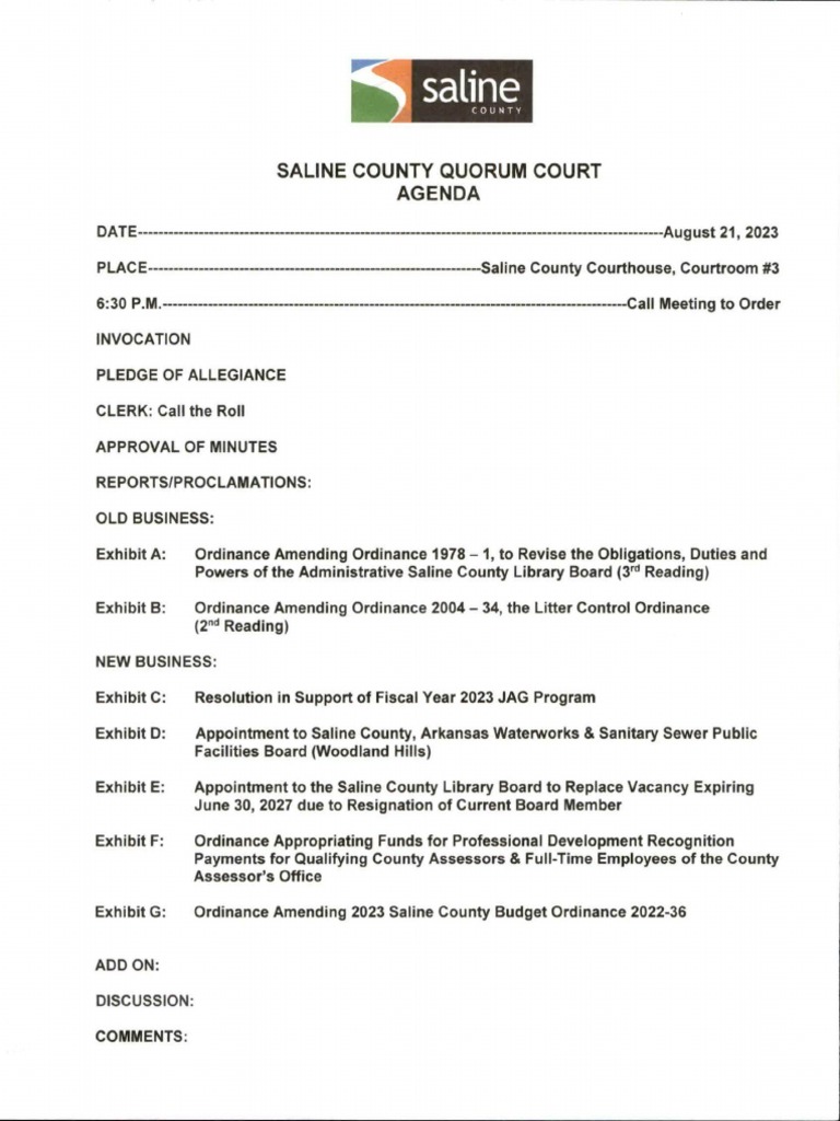 August Quorum Court Meeting - Agenda & Exhibits | PDF