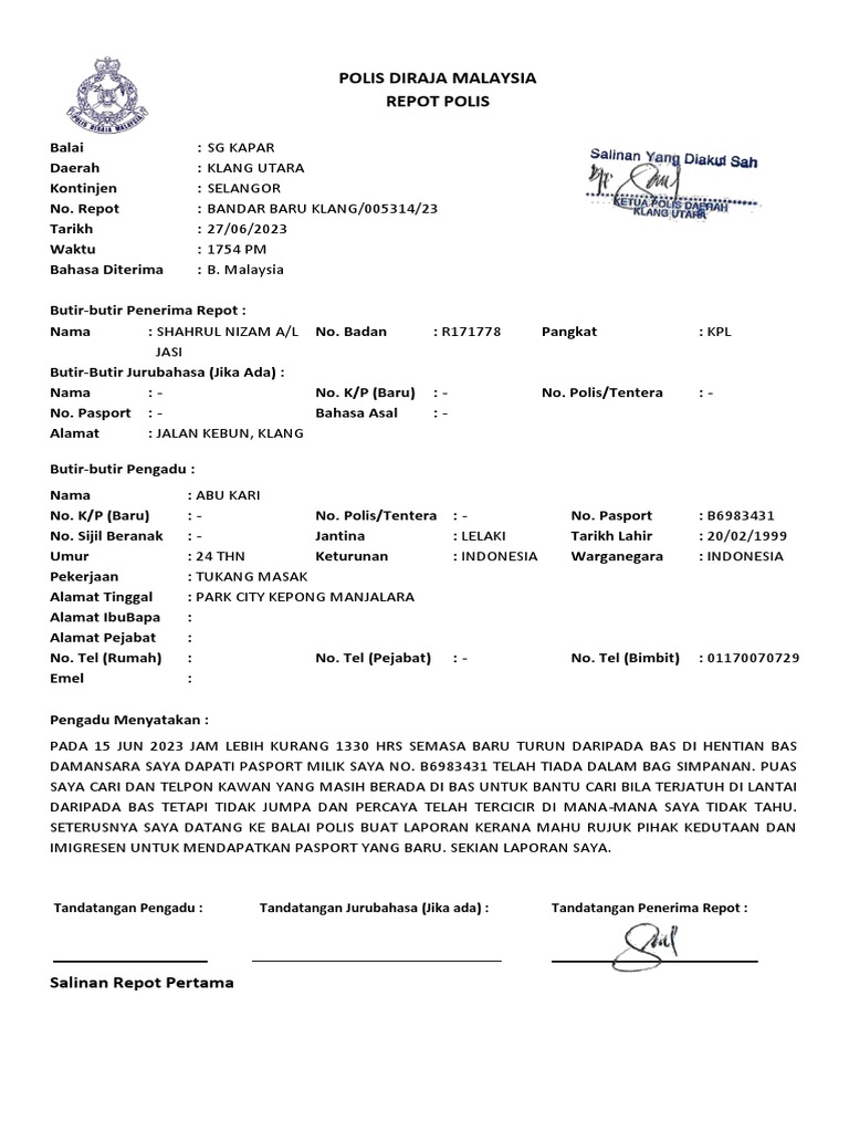 Repot Polis Malaysia | PDF