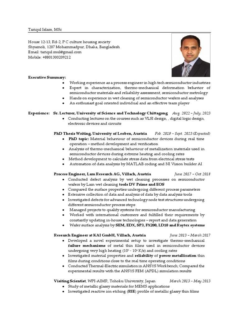 CV - BD - Tariqul Islam | Download Free PDF | Semiconductor Device Fabrication | Semiconductors