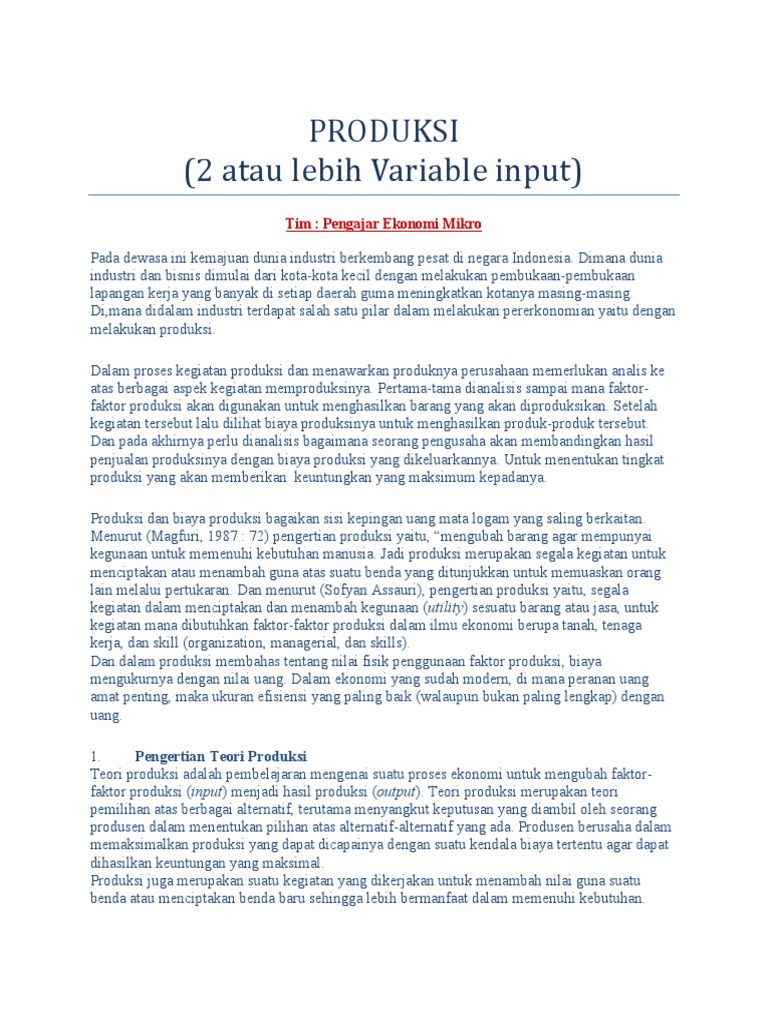 Produksi (2 Atau Lebih Variable Input) : Tim: Pengajar Ekonomi Mikro | PDF