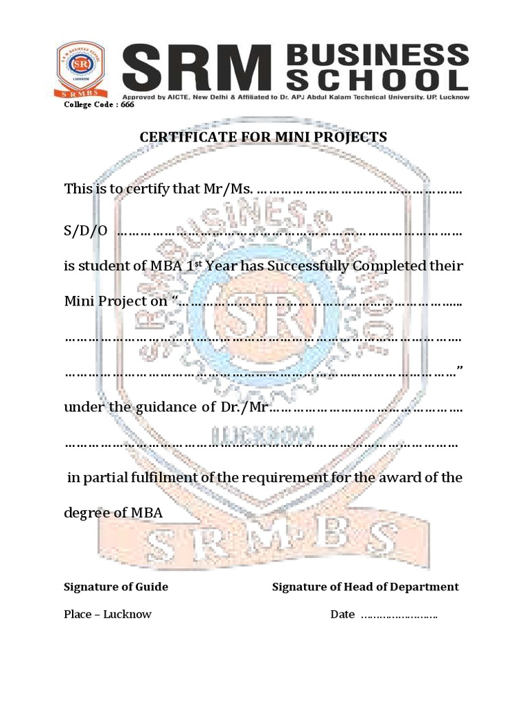 Certificate by Institute For Mini Project | PDF