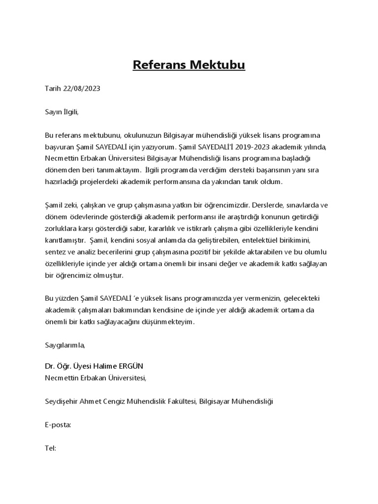 Akademik Referans Mektubu Ornegi | PDF