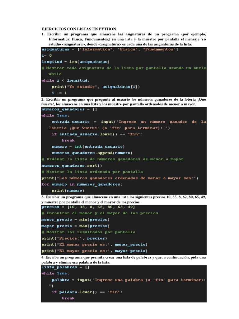 EJERCICIOS CON LISTAS EN PYTHON (2) Resuelto | PDF EJERCICIOS CON LISTAS EN PYTHON (2) Resuelto | PDF
