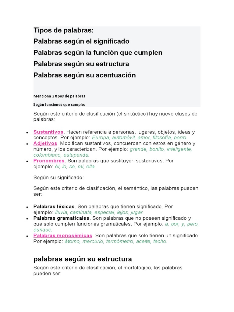 Clasificación de Palabras en Español | PDF