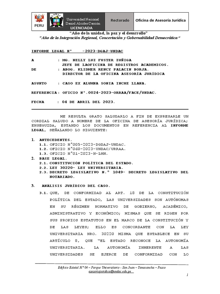 Informe Legal Of. 0024-2023 Caso Inche Llana | PDF