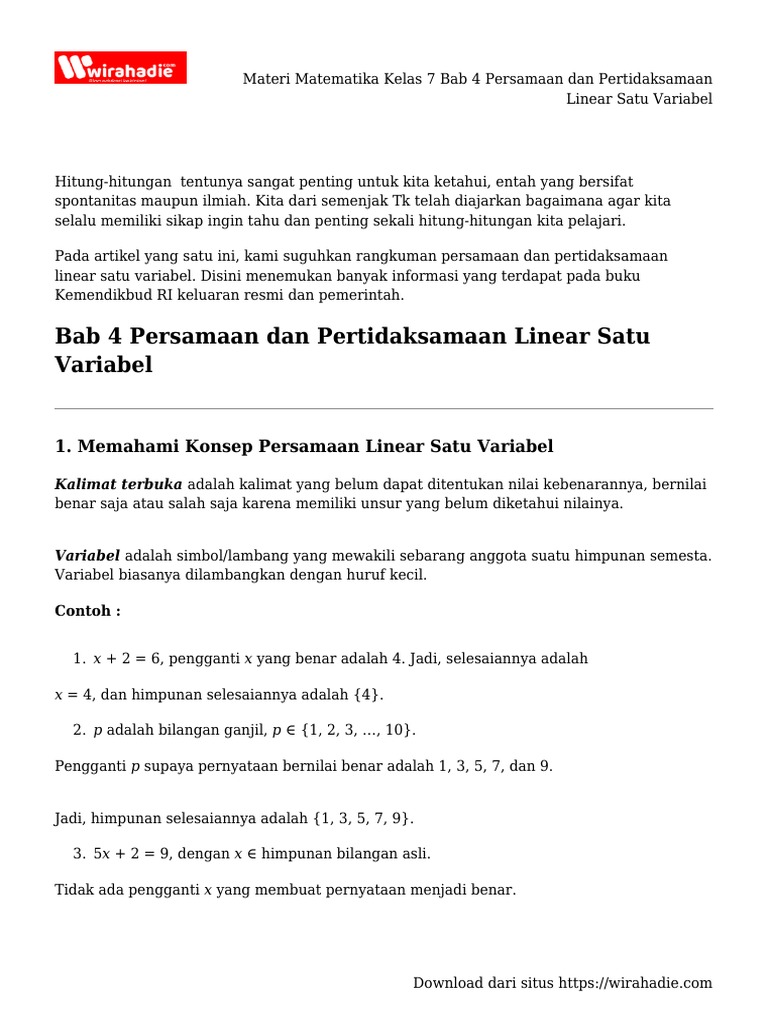 Materi Matematika Kelas 7 Bab 4 Persamaan Dan Pertidaksamaan Linear ...