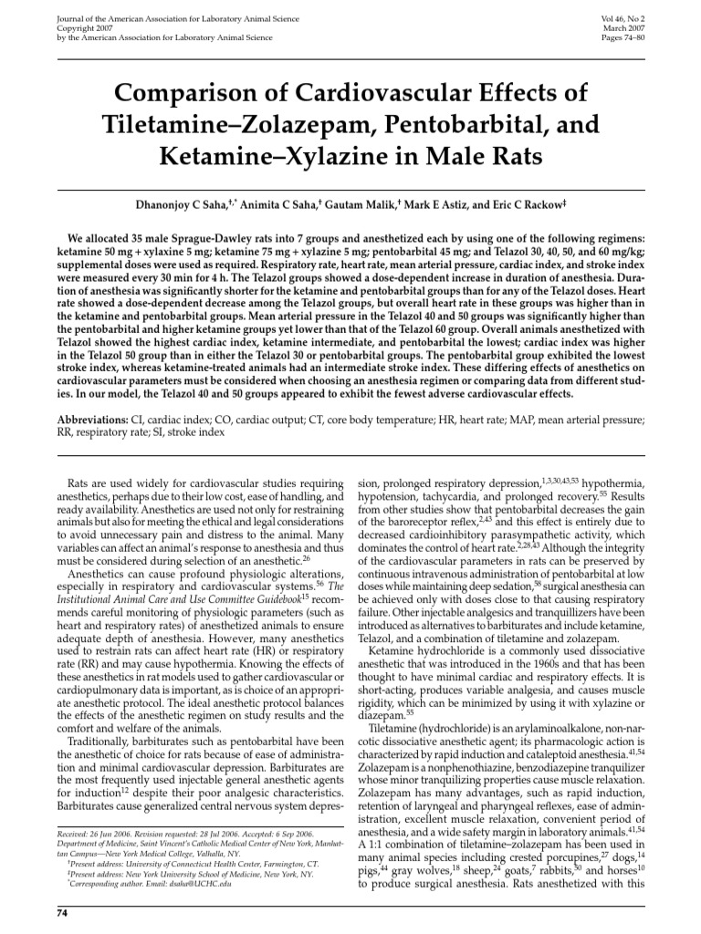Telazol Ketaxyla in Rats | PDF | Anesthesia | Blood Pressure