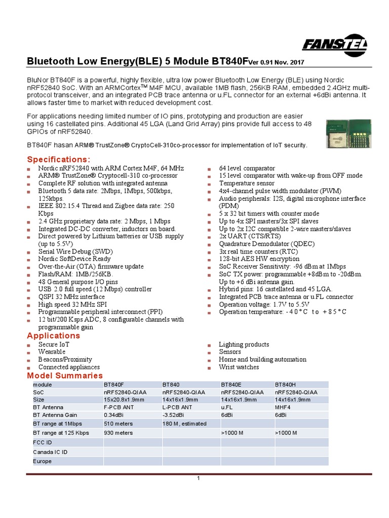 Bluetooth Low Energy (BLE) 5 Module BT840F: Specifications | PDF ...