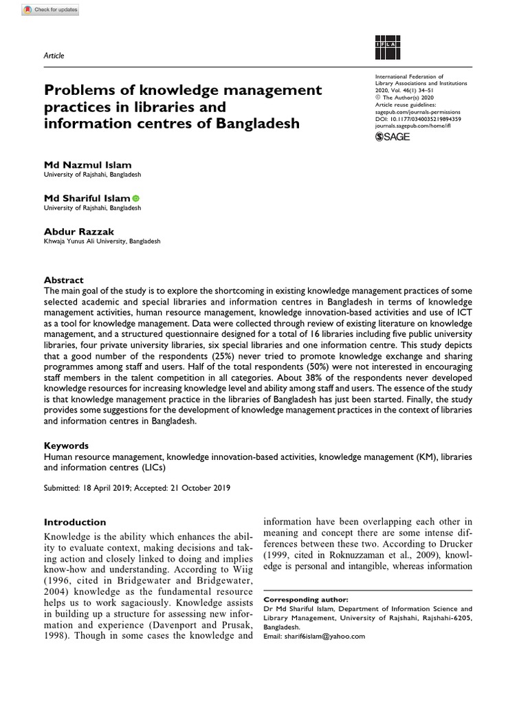 Islam Et Al 2020 Problems of Knowledge Management Practices in Libraries and Information Centres ...