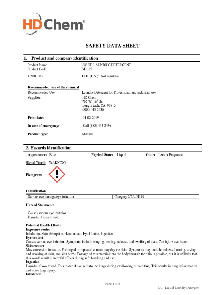 Liquid Laundry Detergent Safety Data Sheet | PDF | Personal Protective ...