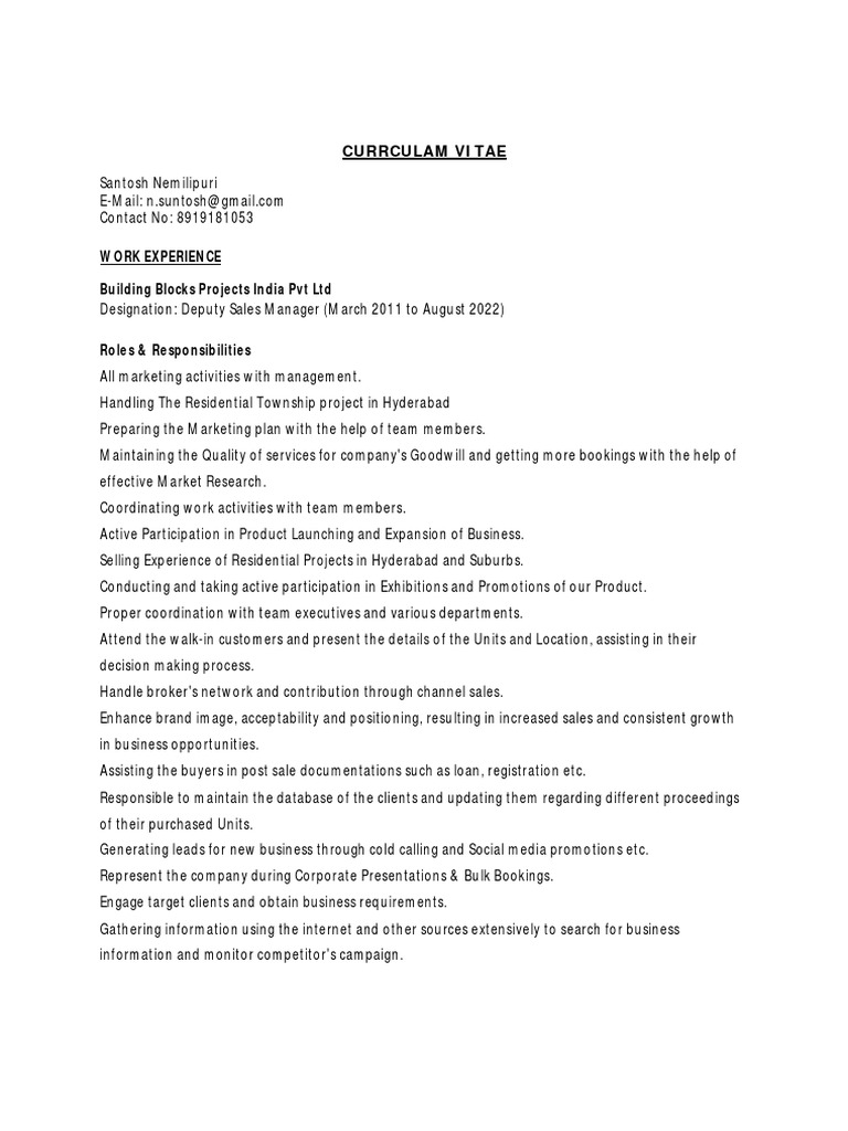 CV-Santosh Nemilipuri | PDF | Sales | Marketing
