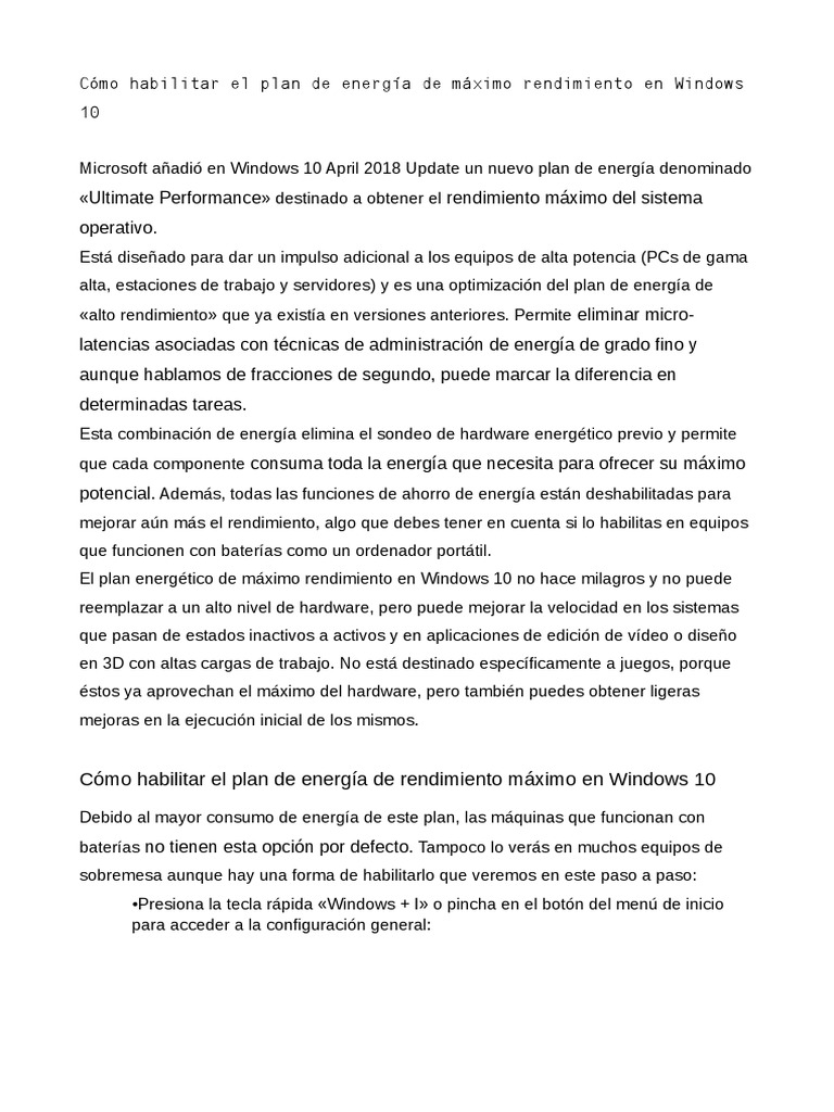 Cómo habilitar el plan de energía de máximo rendimiento en Windows 10 | PDF | Windows 10 ...