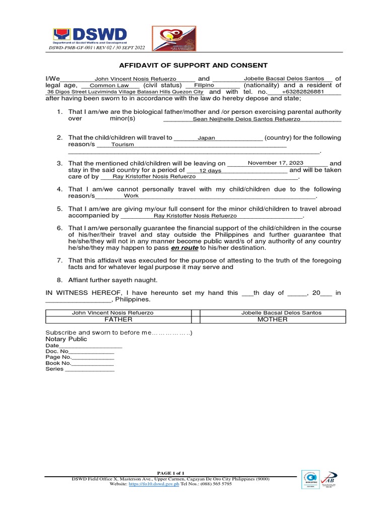 Affidavit of Support and Consent (UPDATED) | PDF | Law