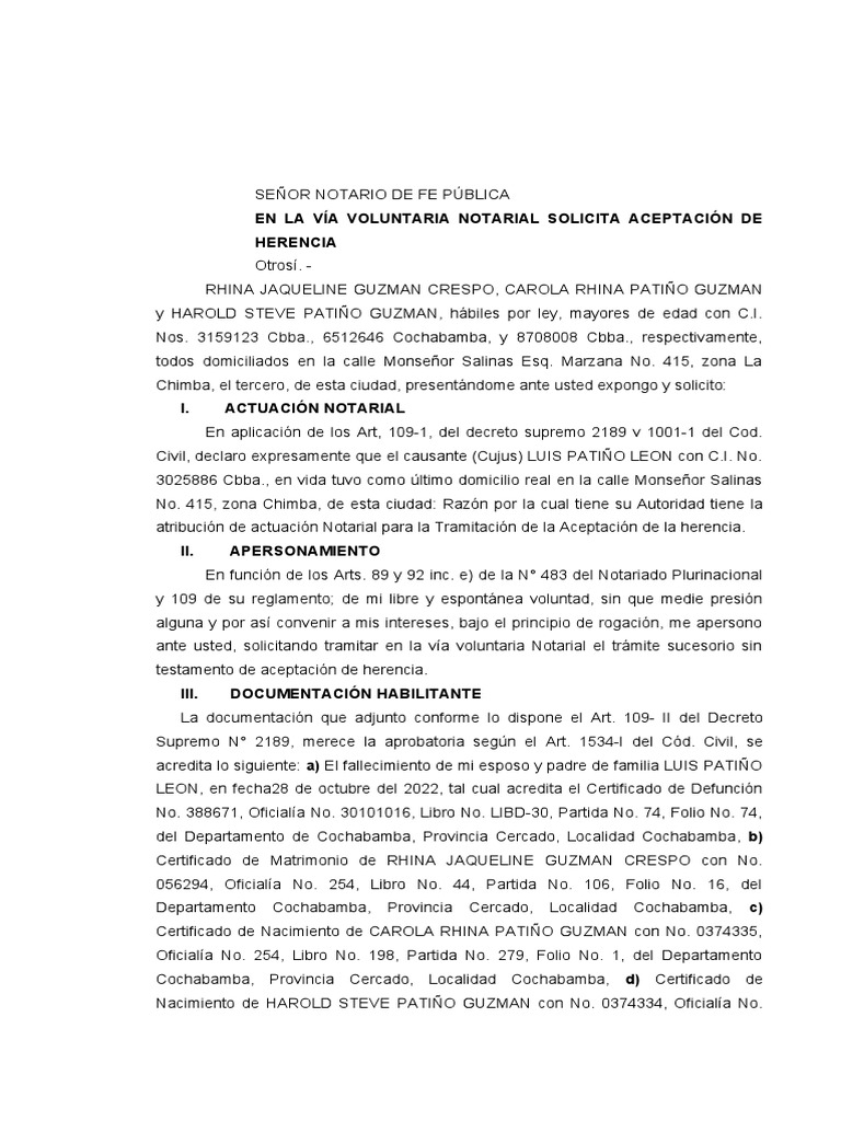 Aceptación De Herencia Pdf Herencia Documentos Legales