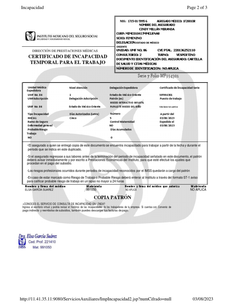 Certificado de Incapacidad Temporal | PDF