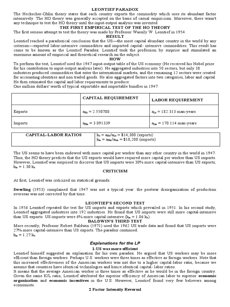 New Leontief Paradox Pdf Labour Economics Input Output Model
