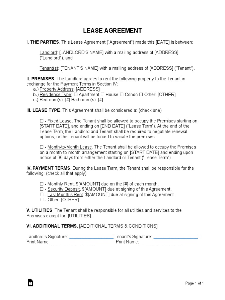 One 1 Page Residential Lease Agreement | PDF | Business | Finance ...