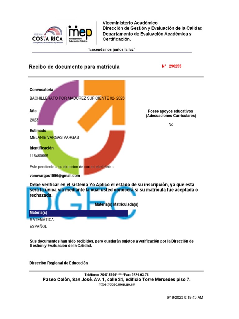 Informe Matricula Melanie BXM 022023 | PDF
