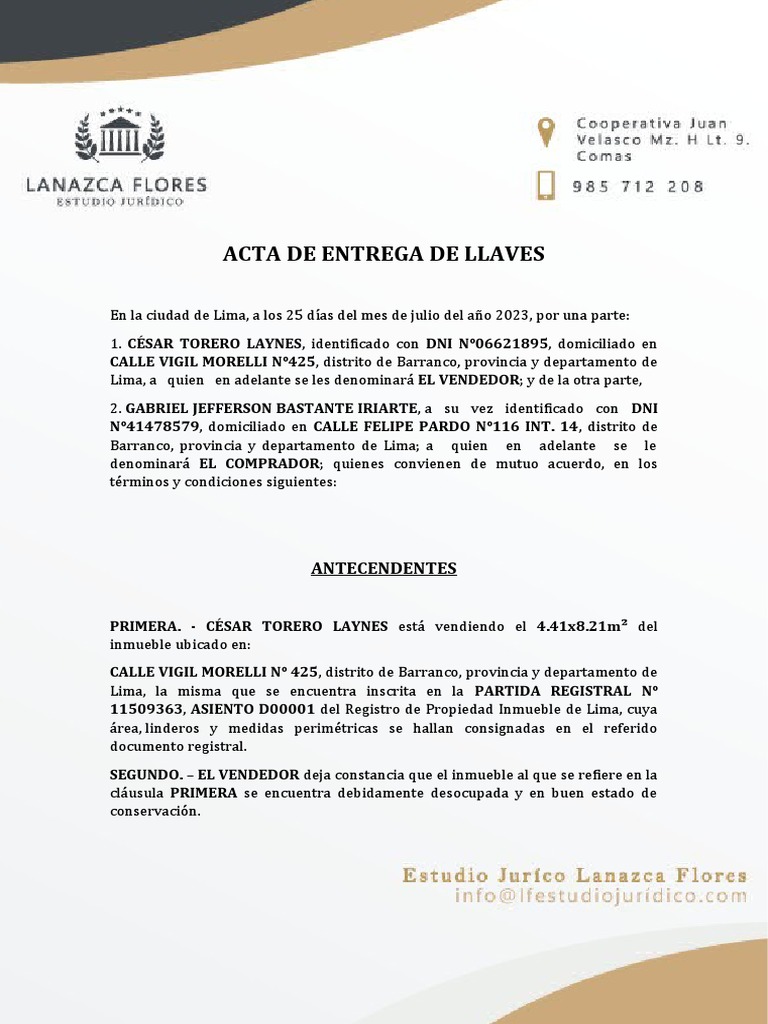 Acta de Entrega de Llaves | PDF Acta de Entrega de Llaves | PDF