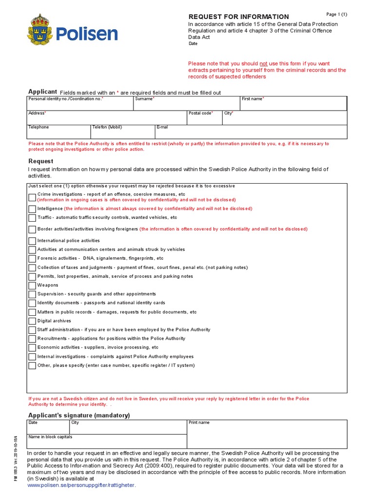 Swedish Police Data Request Form | PDF