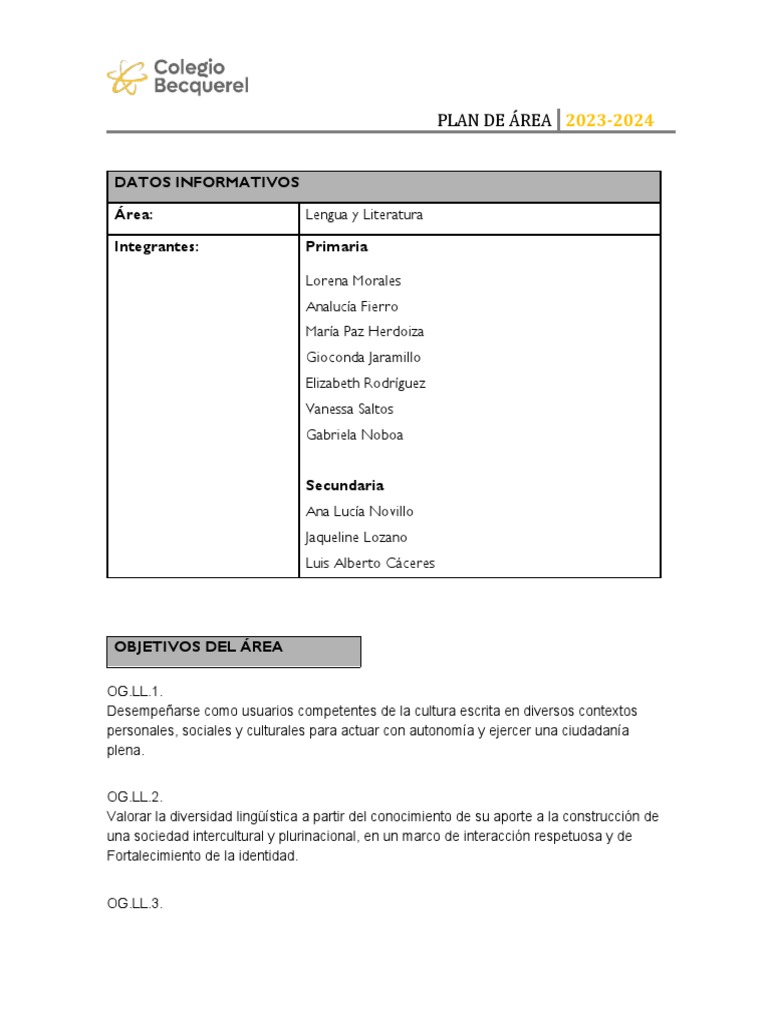 Lengua Plan De área 2023 2024 Pdf