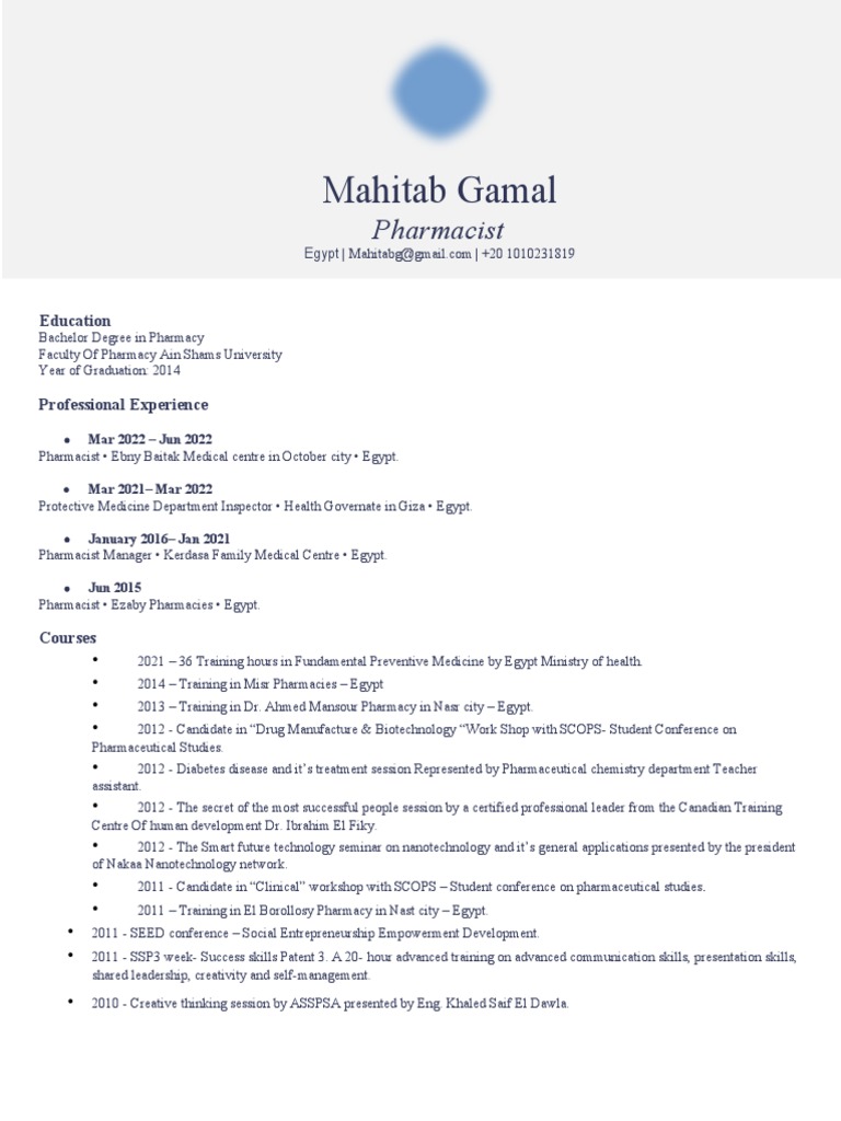 Mahitab Gamal CV | PDF | Pharmacy | Health Care