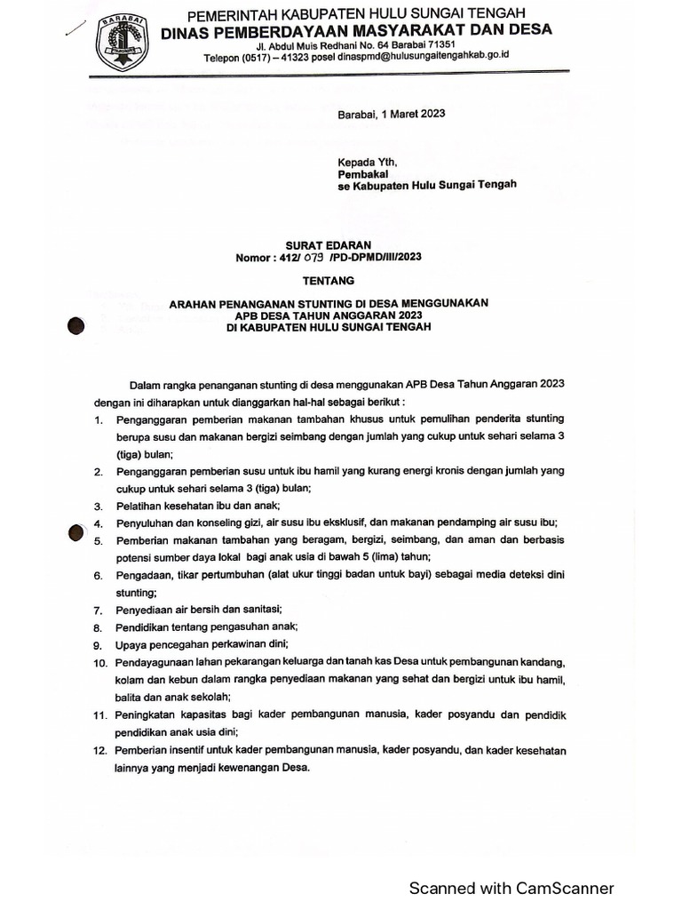 Surat Edaran Arahan Penanganan Stunting2023 | PDF