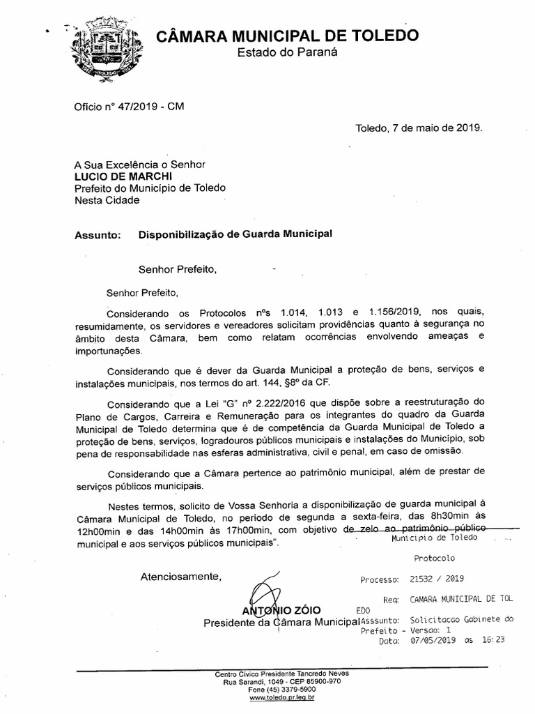 OFICIO 047.2019 Disponibilizacao de Guarda Municipal | PDF