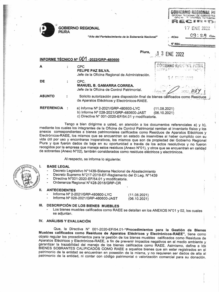 Informe Técnico y Anexos de Bienes Calificados Como RAEE | PDF