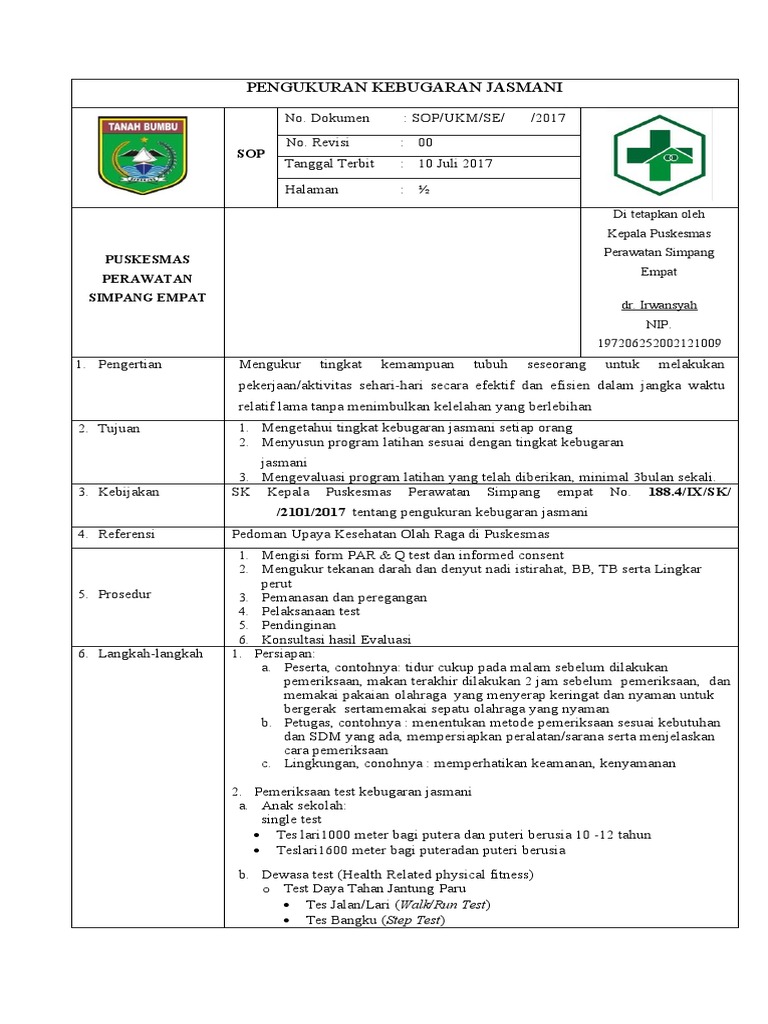 SOP Pemeriksaan Kebugaran Jasmani | PDF