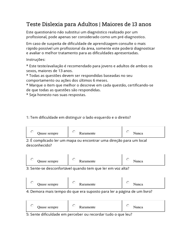Teste de Dislexia para Adultos | PDF | Artes Linguísticas e Disciplina