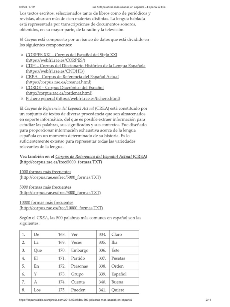 500 Palabras Más Usadas Del Español | PDF