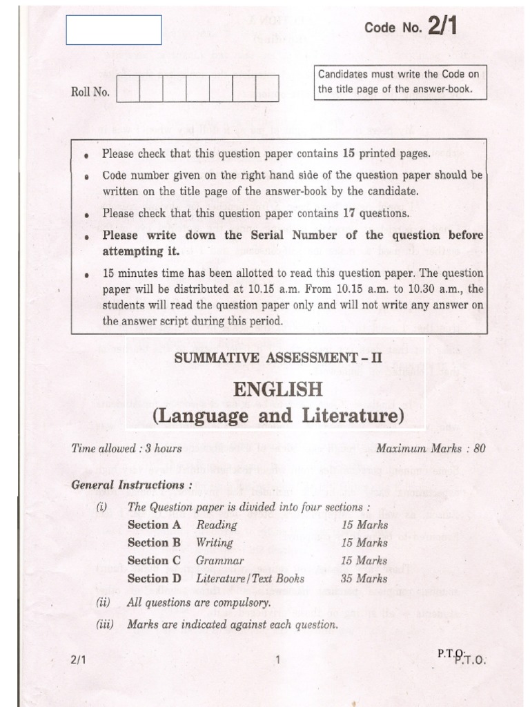 CBSE Class 10 English Previous Year Question Paper 2012 | PDF
