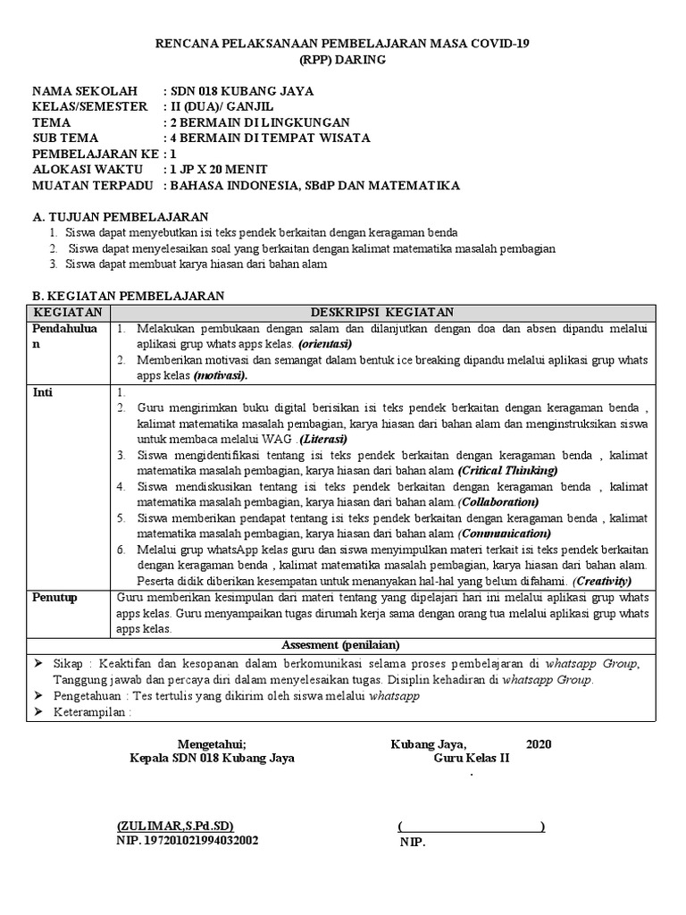 RPP KLS 2 TEMA 2 ST 4 | PDF