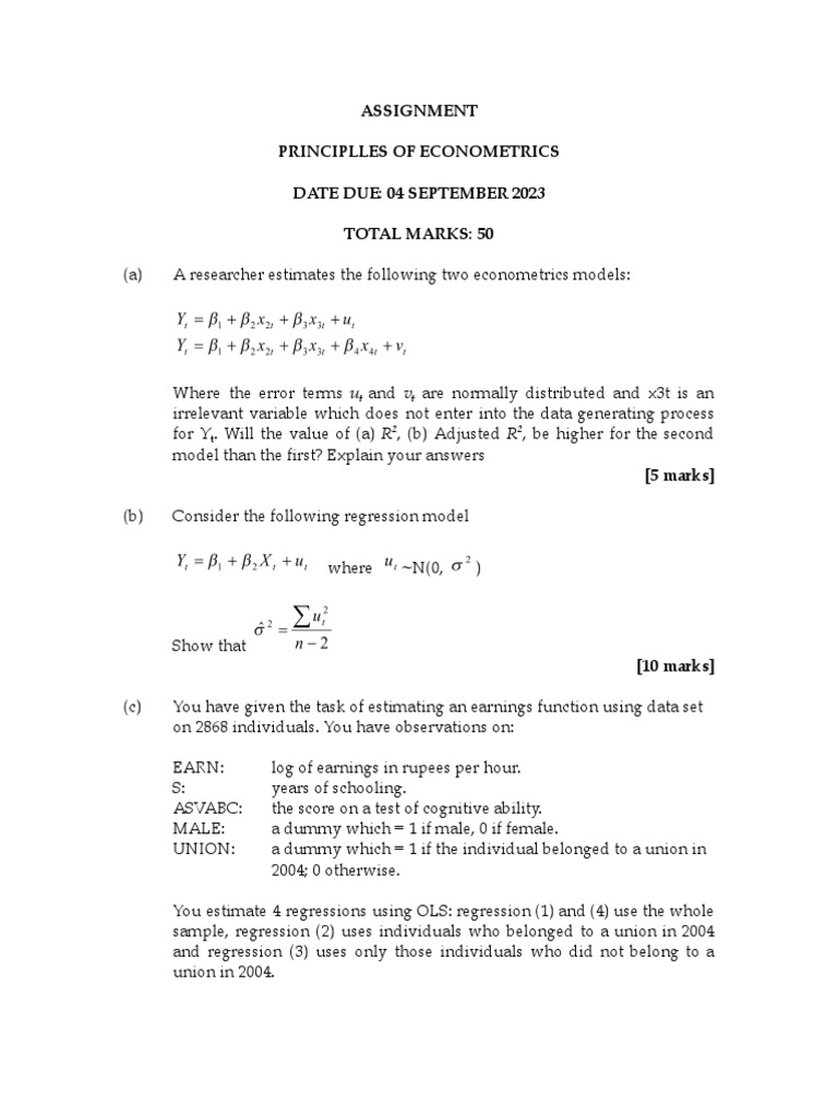 Assignment Principles of Econometrics 2023 | PDF