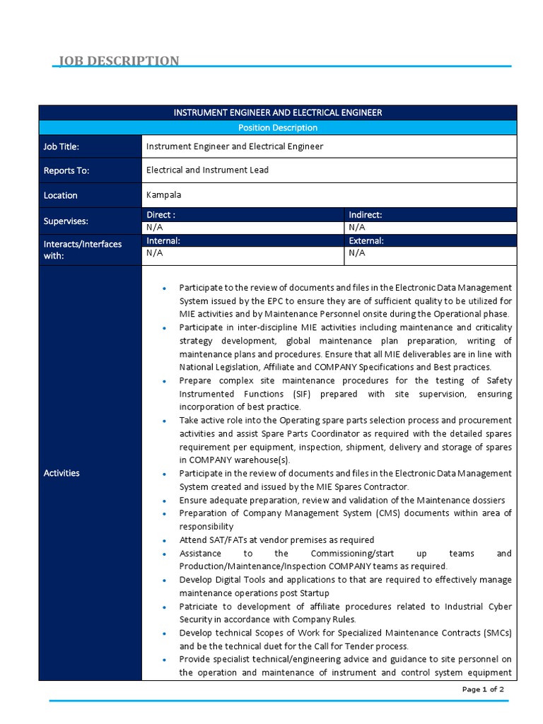JD Instrument Engineer and Electrical Engineer | PDF JD Instrument Engineer and Electrical Engineer | PDF