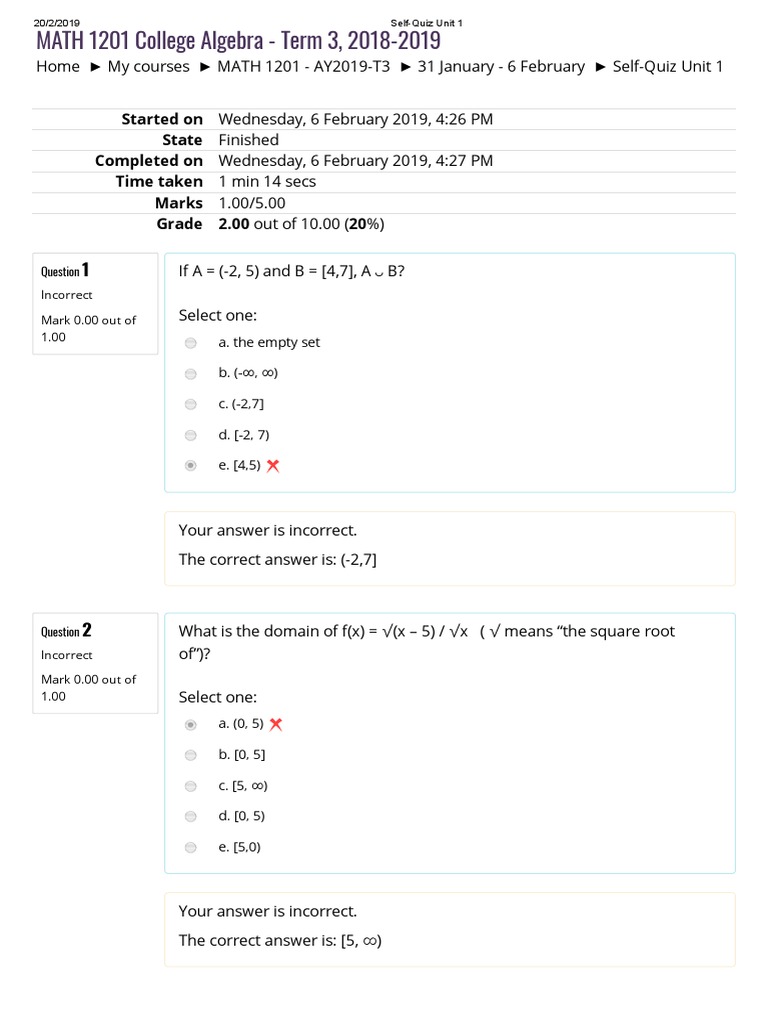 UoPeople - College Algebra - Self-Quiz Unit 1 | PDF