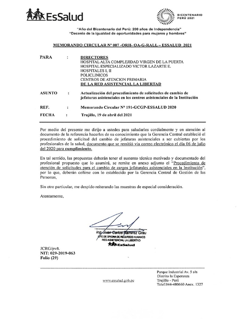 MEMORANDO CIRCULAR 007-ORH-OA-G-RALL-ESSALUD 2021 | PDF