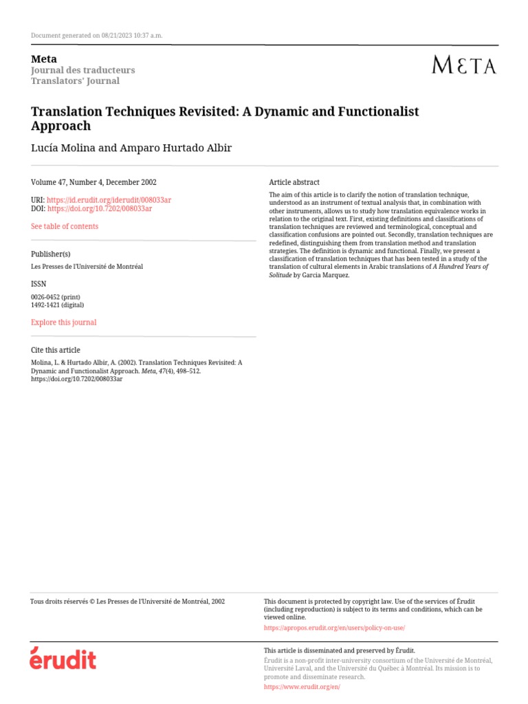 Translation Techniques Revisited A Dynamic and Functionalist | PDF ...