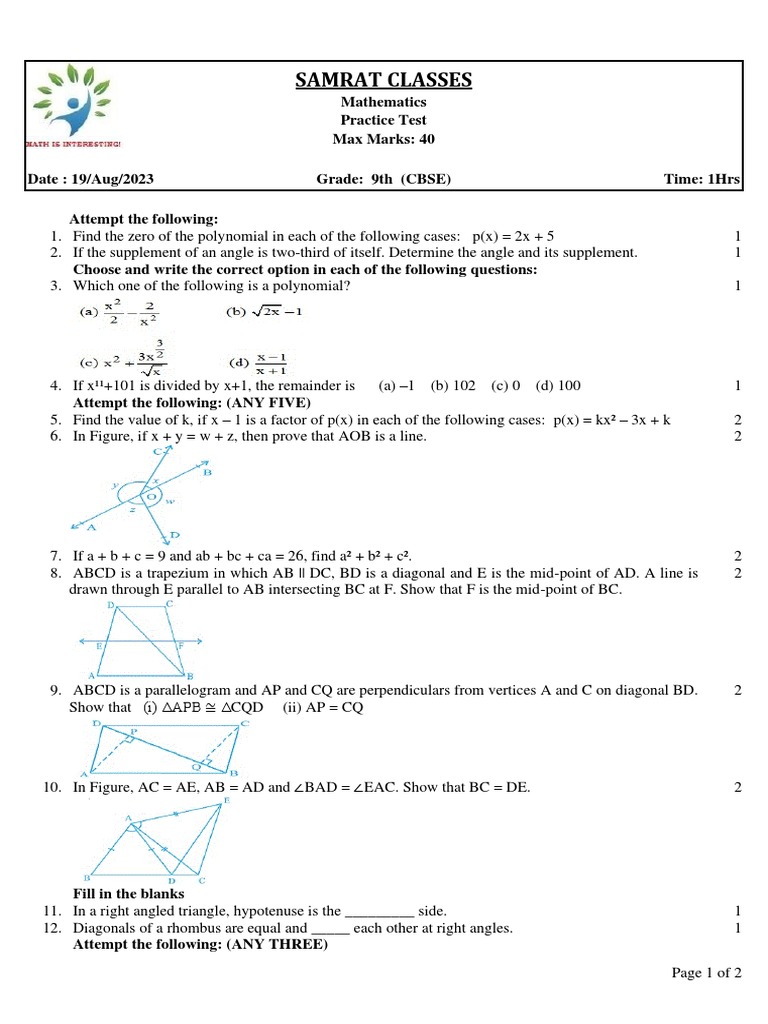 9th Grade CBSE Math Practice Test | PDF | Euclidean Plane Geometry ...