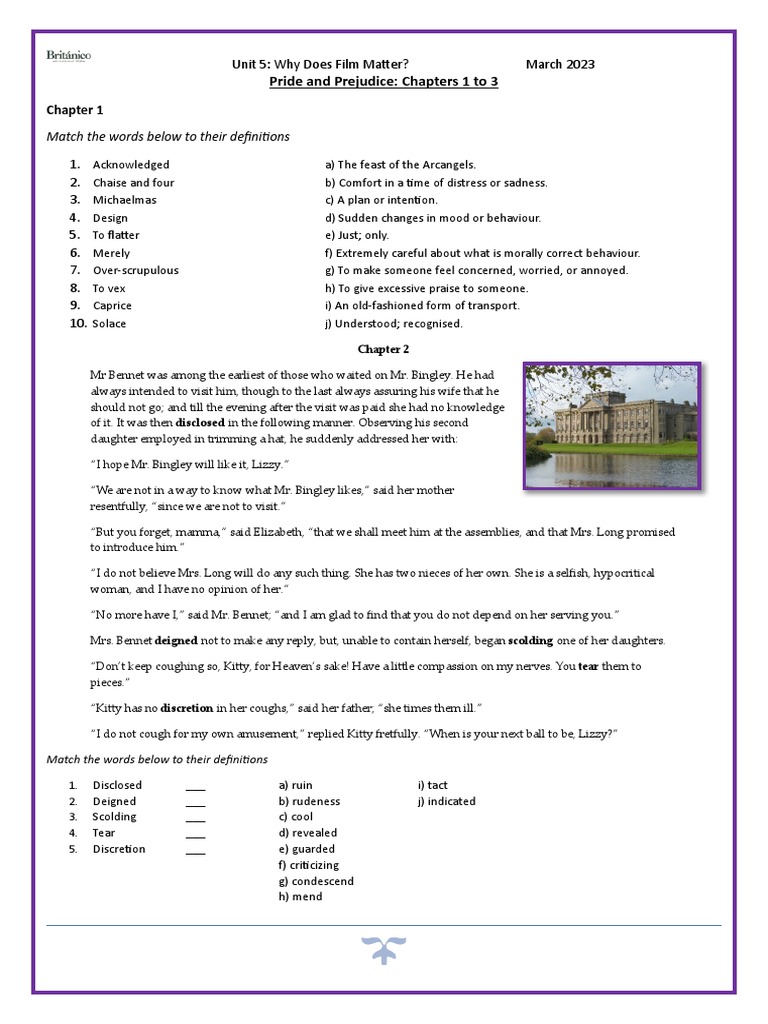 Pride and Prejudice: Chapters 1 To 3: Match The Words Below To Their ...