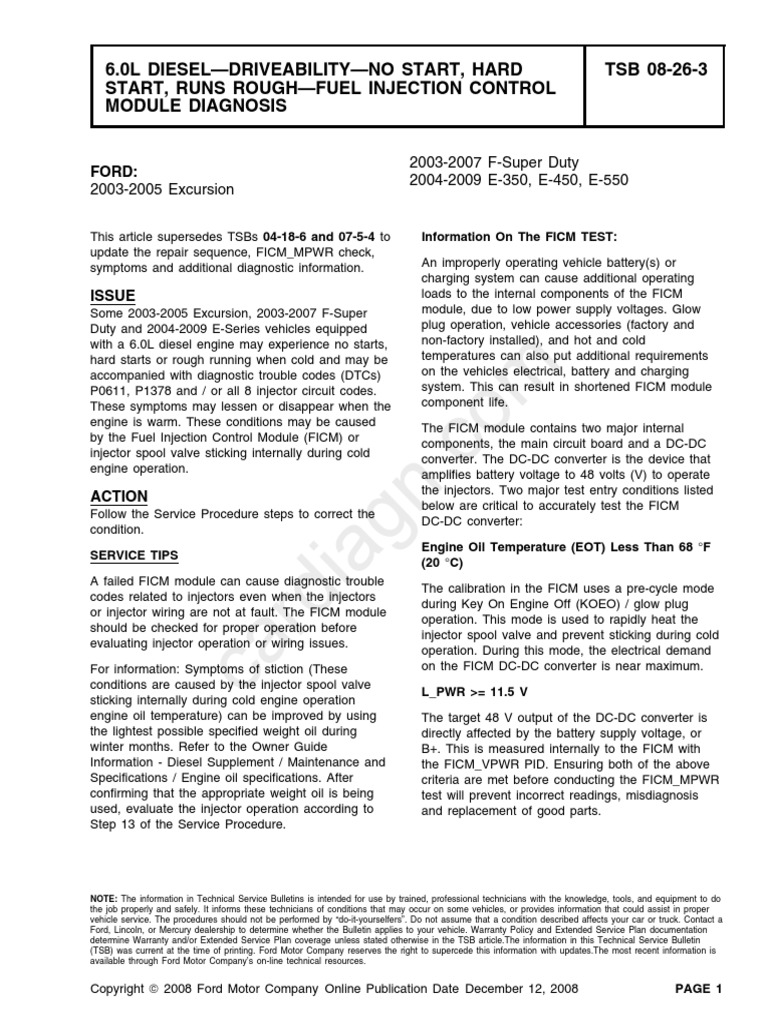 TSB-08-26-03 6.0L Diesel - Driveability - No Start - Hard Start - Runs Rough - Fuel Injection ...